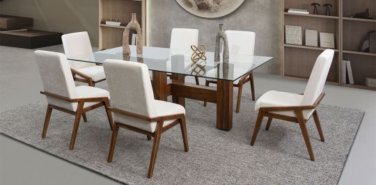 Comedor Rectangular De Cristal Praga Con Sillas Praga Mix Beige 7 Piezas